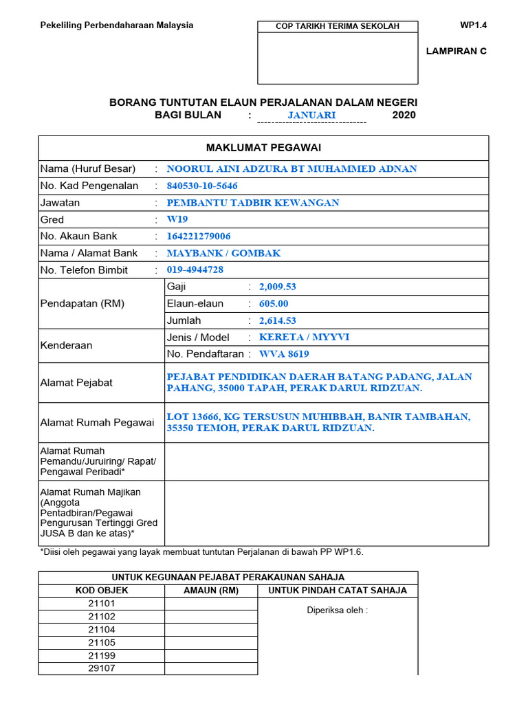 Borang Tuntutan Elaun Perjalanan - Tahun 2020 | PDF