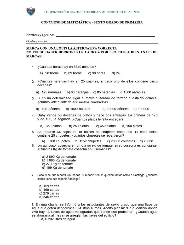 CONCURSO DE MATEMÁTICA 6TO GRADO | PDF