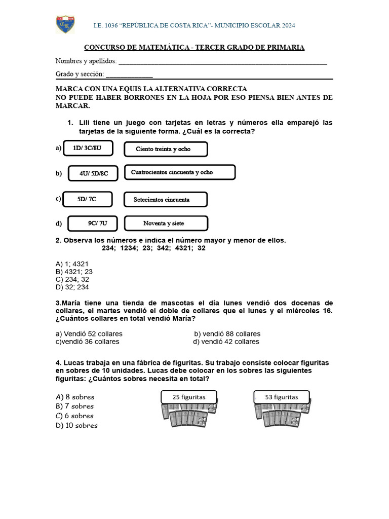 CONCURSO DE MATEMÁTICA - 3er grado | PDF