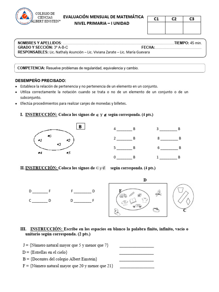 EXAMEN DE MATEM+üTICA 3 GRADO | PDF | Conjunto (Matemáticas) | Matemáticas