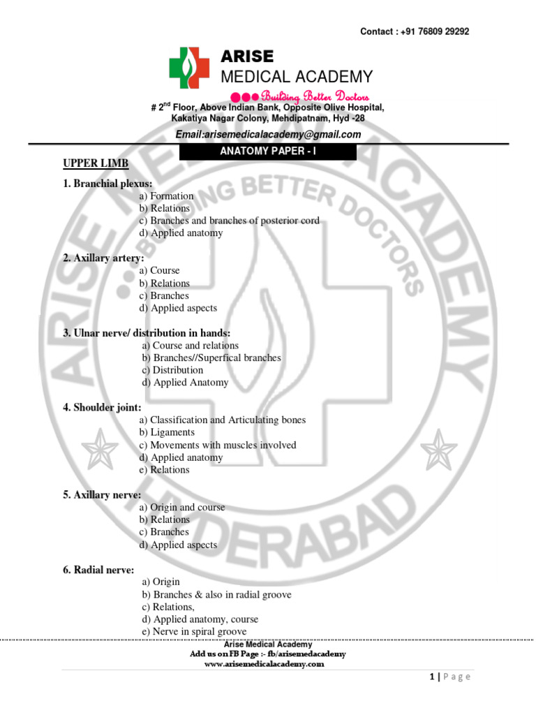Anatomy Question Paper - I | PDF | Hand | Cerebrum