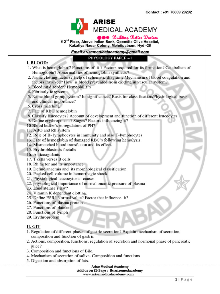 Physiology Question Paper - I | PDF | Heart | Kidney