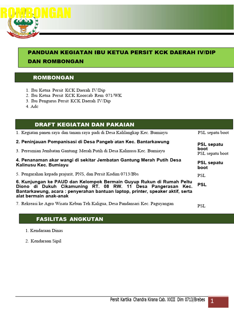 Buku Panduan Kunker Ibu Ketua Persit KCK PD IV Dip-1 | PDF