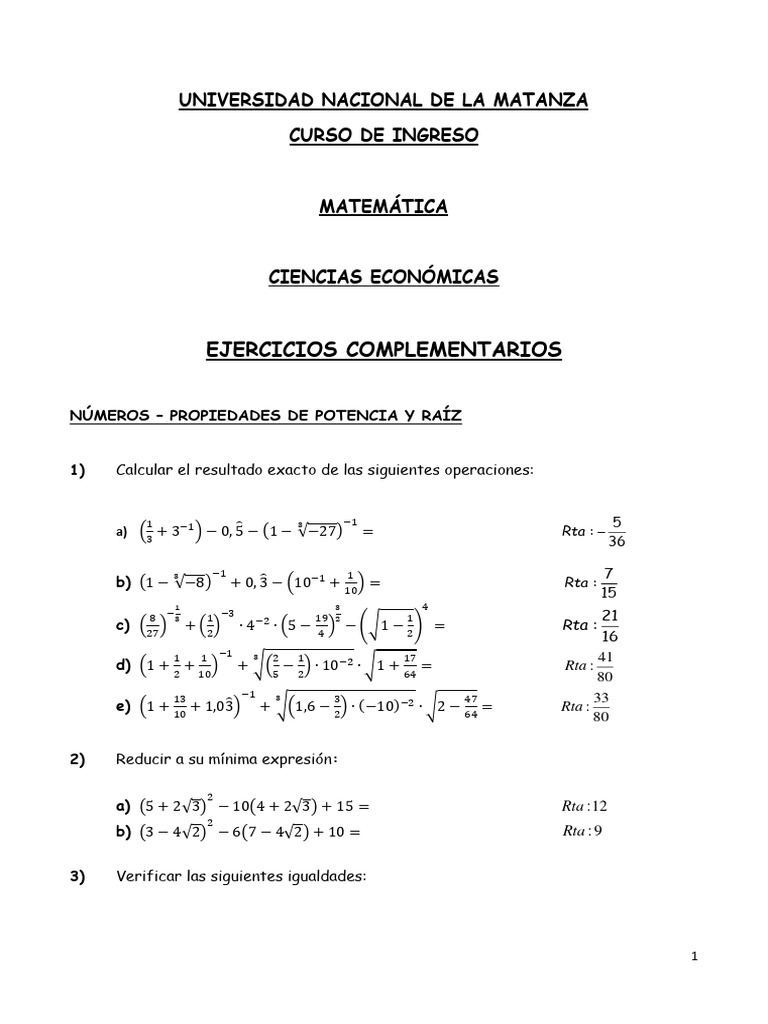 Curso de Ingreso Guia de Ejercicios Complementarios | PDF | Ecuaciones | Matemáticas