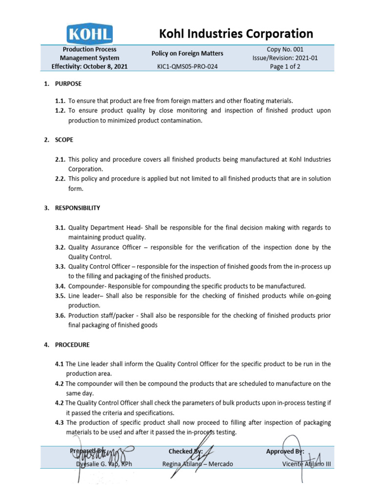 Policy On Foreign Matter | PDF | Quality