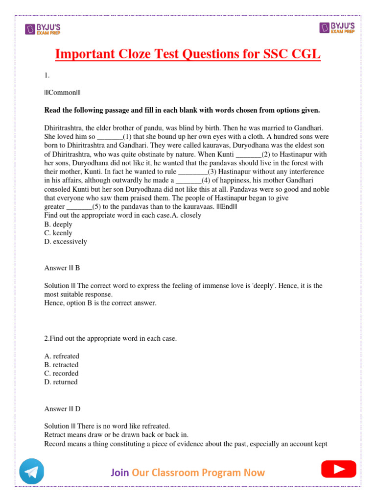 Important Cloze Test Questions for SSC CGL | PDF | Grammatical Number ...