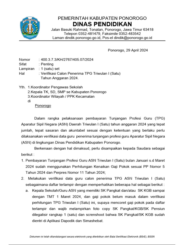 Surat Verifikasi Tpg Triwulan I Ta 2024 Pdf