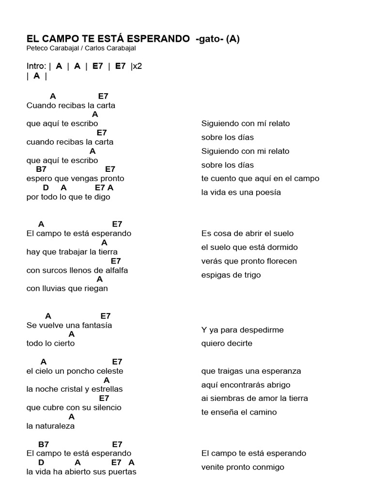 El Campo Te Esta Esperando A Con Letra | PDF