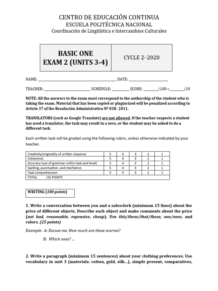 Basic One Exam 2: Units 3-4 Guide | PDF | Linguistics | Language Mechanics