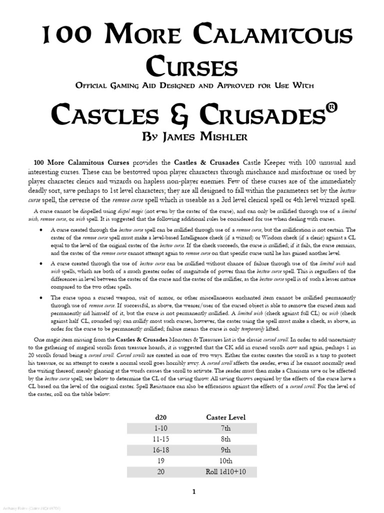 Castles & Crusades 100 More Calamitous Curses | PDF