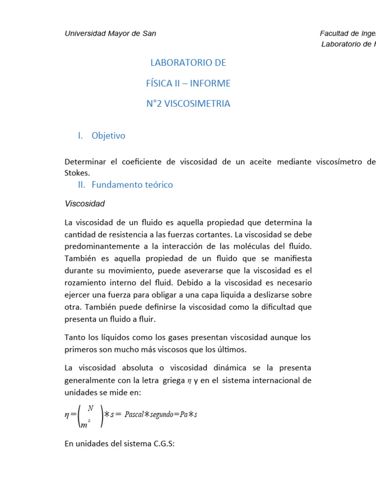 PDF Informe Lab Fis 102 Viscosimetria | PDF | Viscosidad | Numero Reynolds PDF Informe Lab Fis 102 Viscosimetria | PDF | Viscosidad | Numero Reynolds
