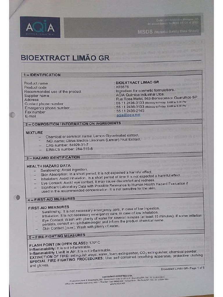 Hoja de Datos de Seguridad. Bioextract Limao HG. AQIA Química ...