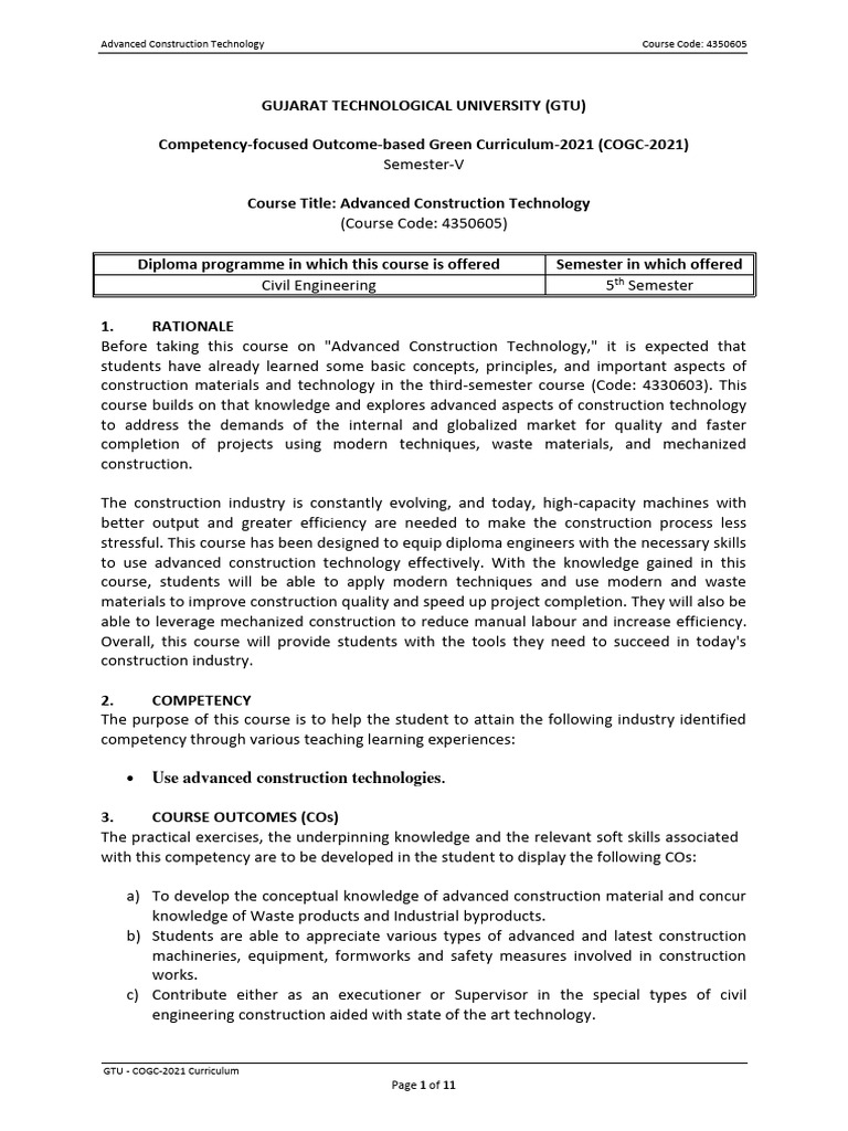 Advanced Construction Technology Course Code: 4350605: Page 1 of 11 ...