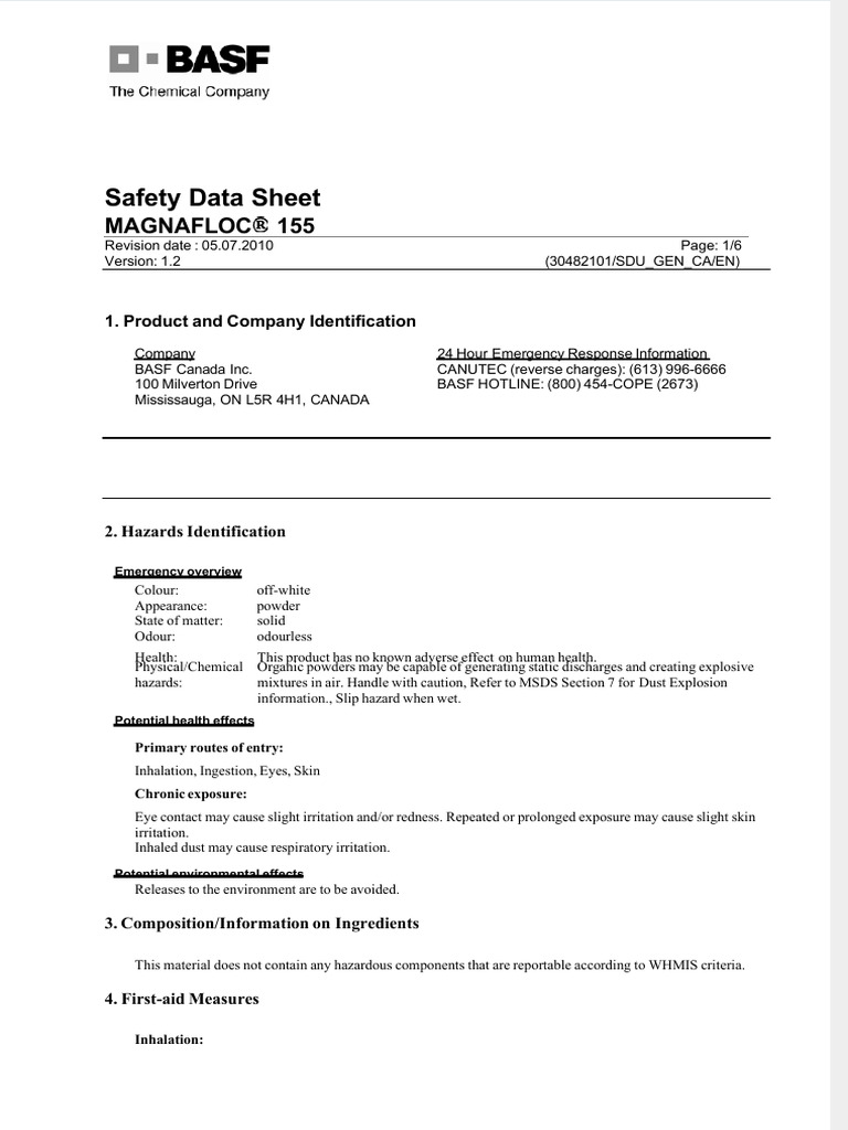 Dokumen - Tips - Chemicals Zetag Msds Powder Magnafloc 155 0710 | PDF ...
