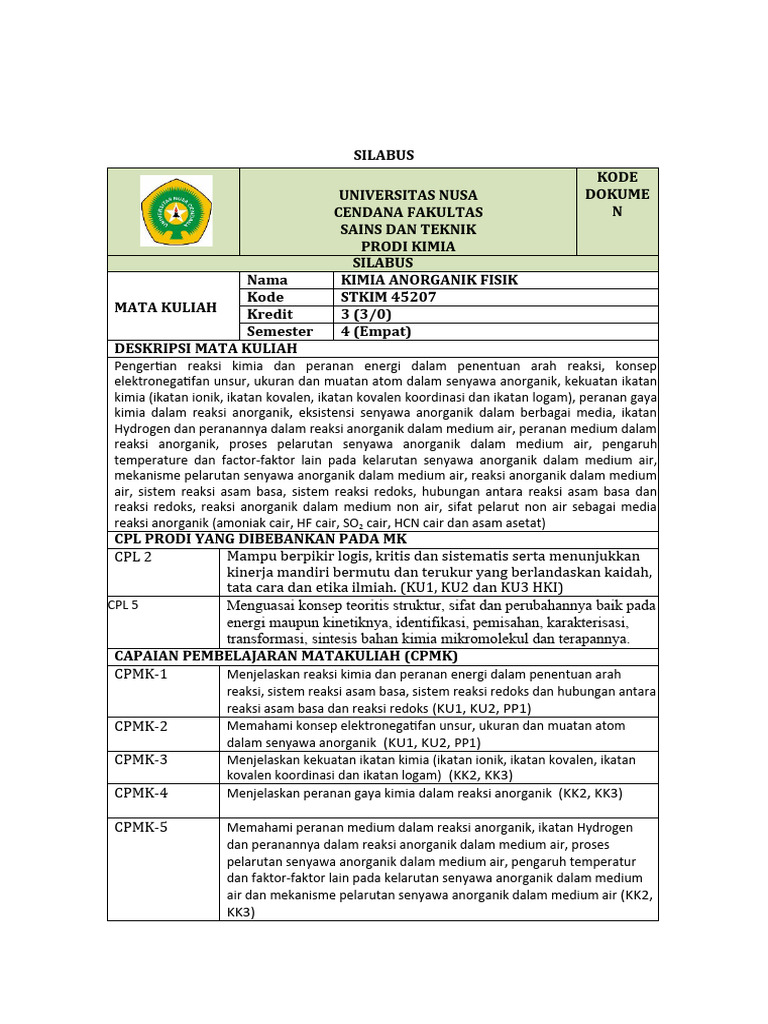 SILABUS-kimia Anorganik Fisik | PDF