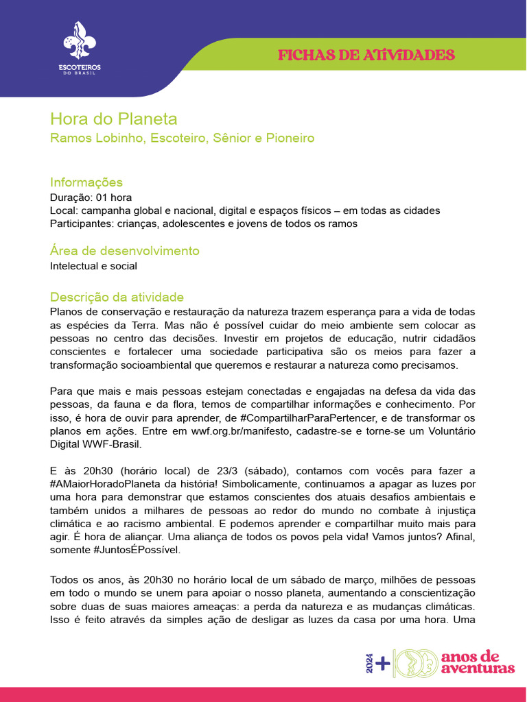 HoraDoPlaneta2024 Ficha de Atividade.docx 1 | Download grátis PDF | Fundo Mundial para a Natureza