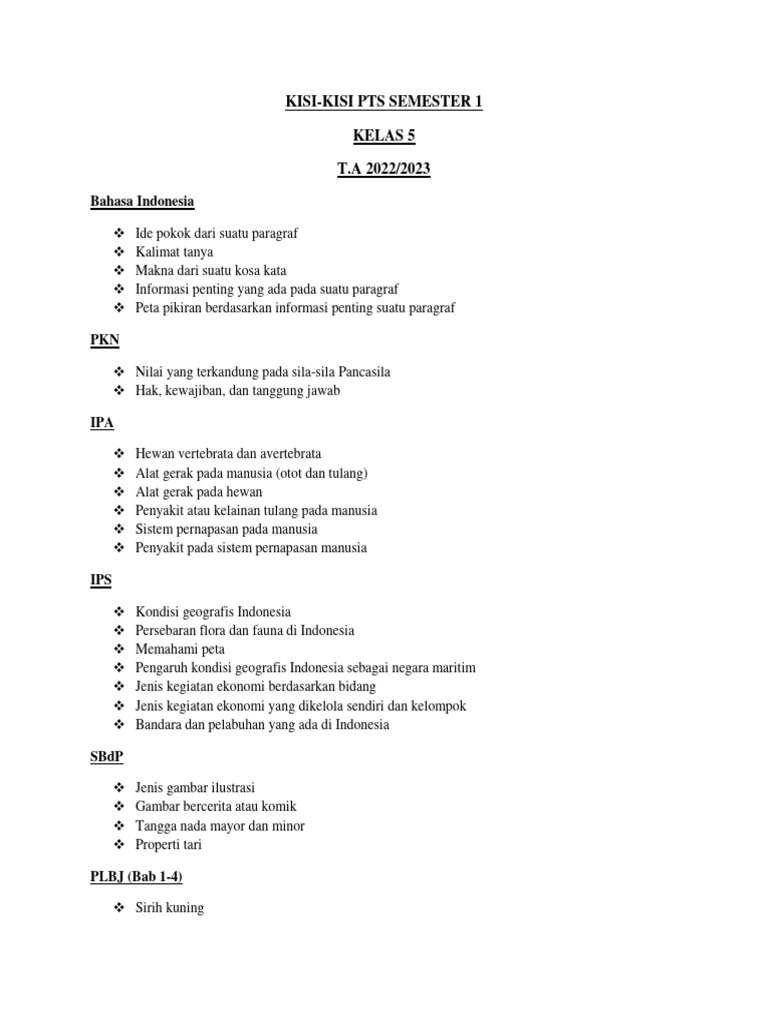 Kisi-Kisi PTS Kelas 5 Semester 1 | PDF