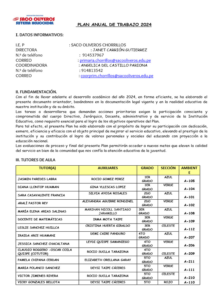 Plan Anual de Trabajo 2024 | PDF | Salón de clases | Aprendizaje