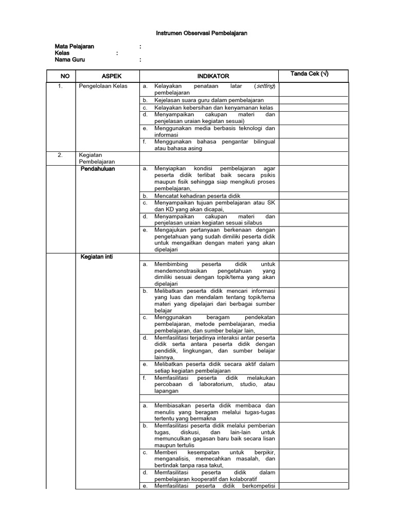 Instrumen Telaah RPP Dan Observasi Pembelajaran | PDF