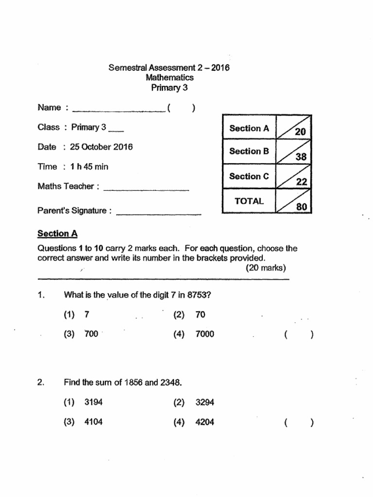 P3 Maths SA2 2016 Pei Chun Difficult - Exam Papers | PDF