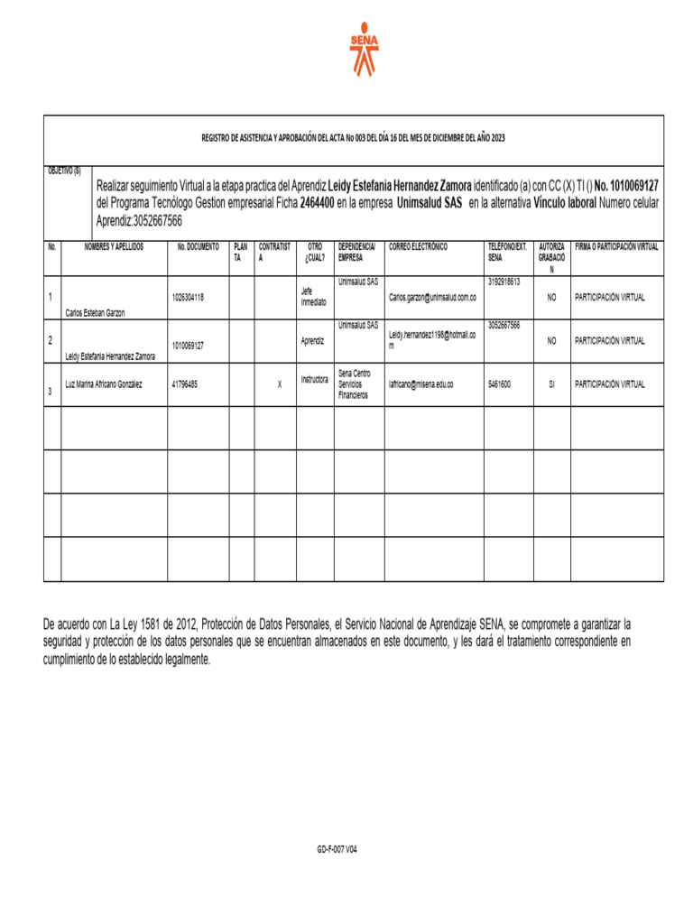 33 Acta No 3 Leidy Estefania Hernandez 2464400 | PDF | Evaluación | Business