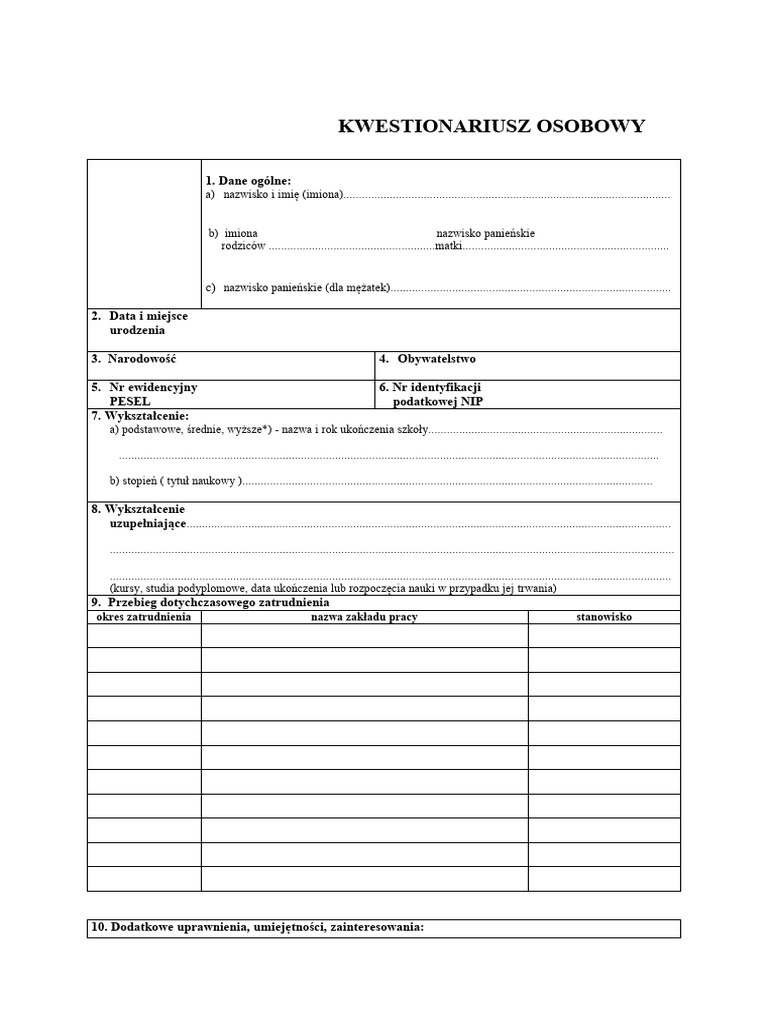 Kwestionariusz Osobowy | PDF