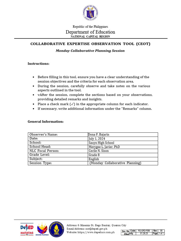 Grade 8 Collab Monday Tool July 1, 2024 | PDF | Lesson Plan | Teachers