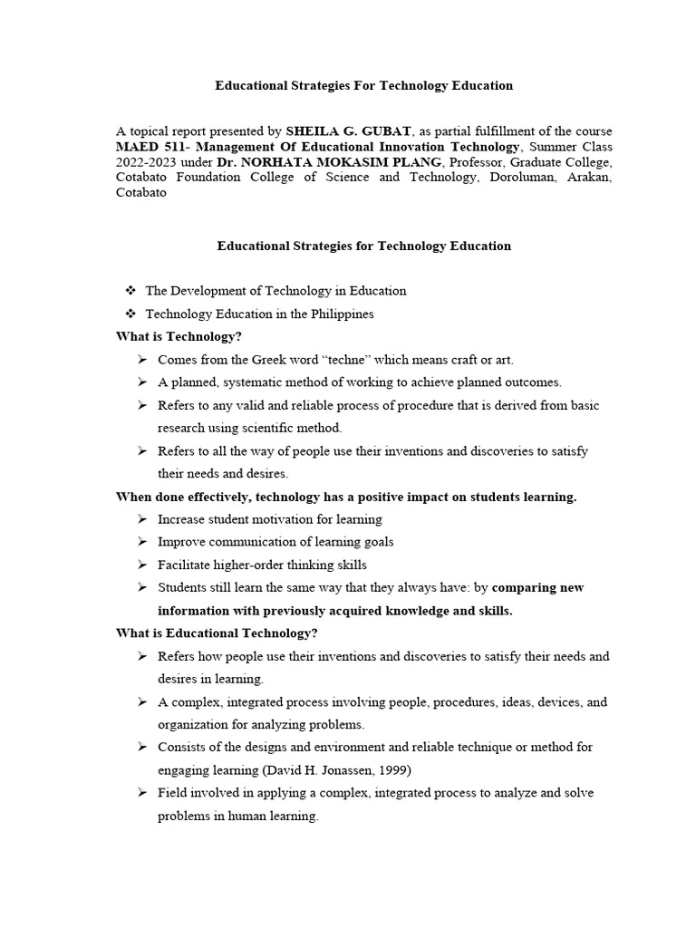 GUBAT Sheila Educational Strategies For Technology Education | PDF | Educational Technology ...