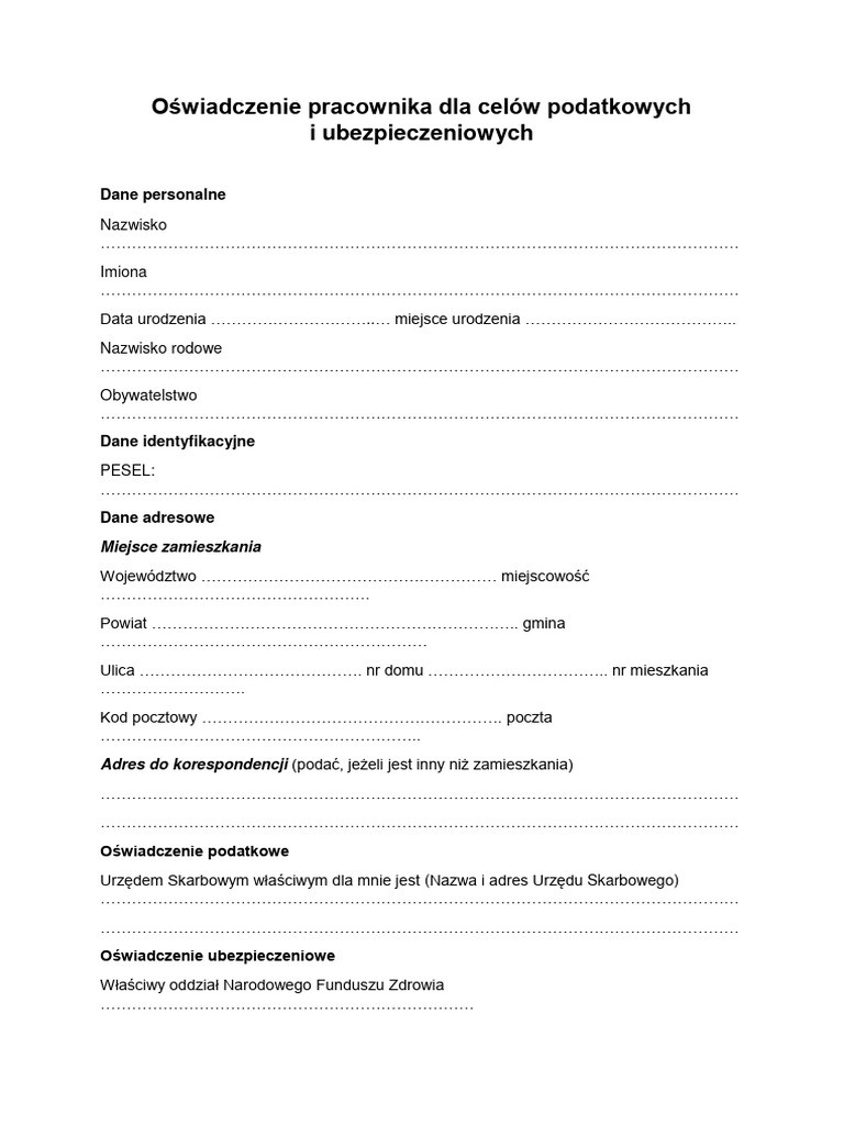 Oswiadczenie Pracownika Dla Celow Podatkowych I Ubezpieczeniowych | PDF
