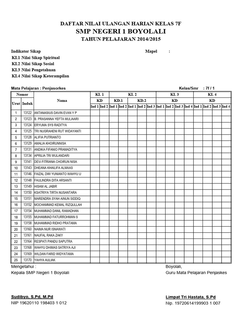 Daftar Nilai K 13 | PDF