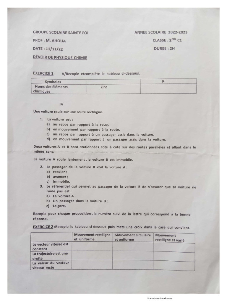 devoir n1 PC 2nde C GSFA | PDF