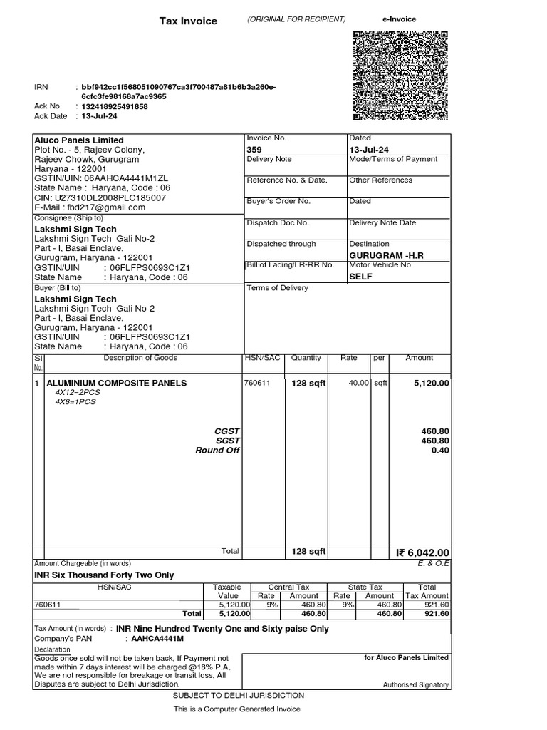 Tax Invoice: Aluco Panels Limited 359 13-Jul-24 | PDF | Taxes | Invoice