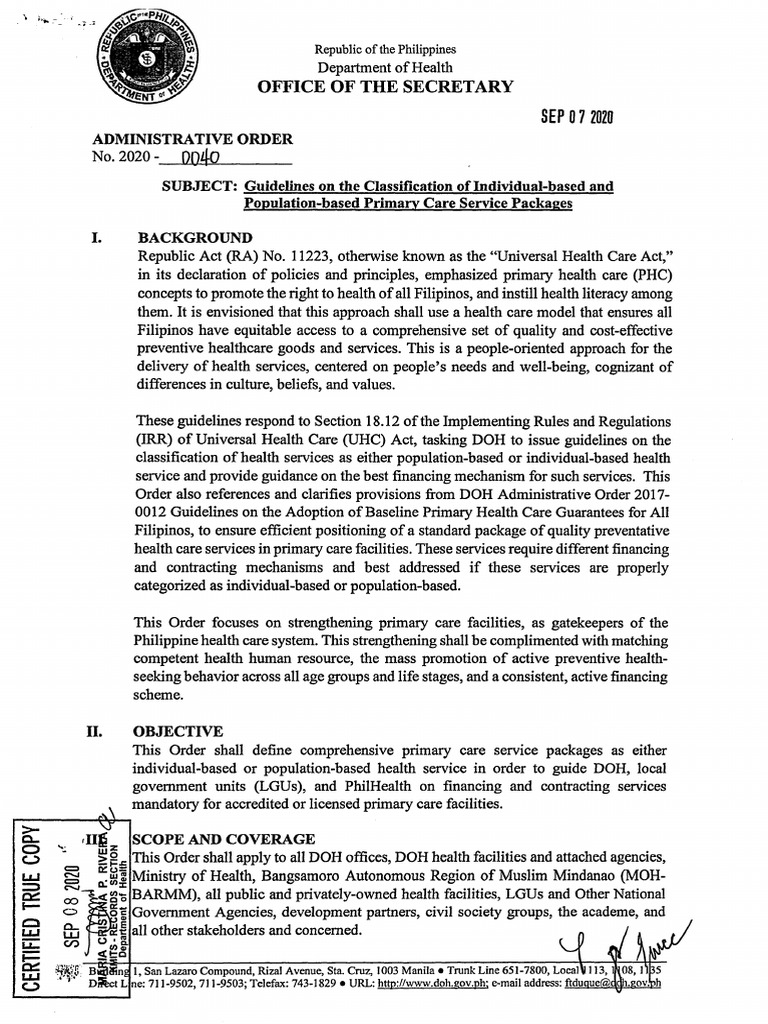 DOH Administrative Order No 2020 0040 | PDF | Health Care | Primary Care