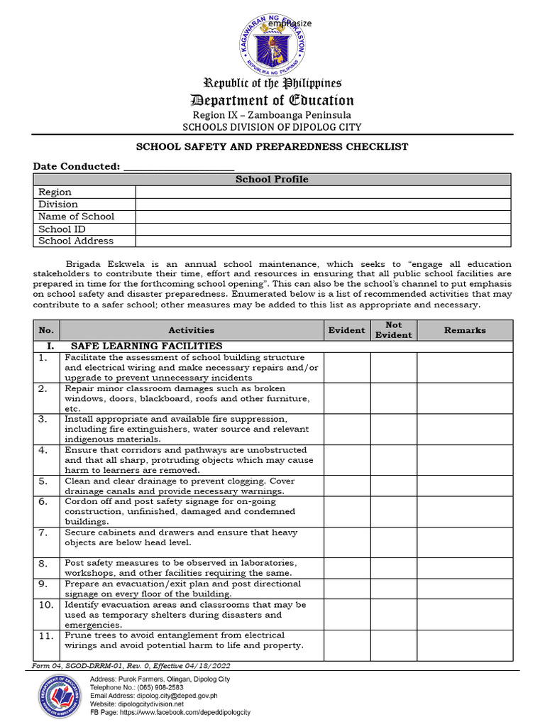 Form 04 SSP Checklist (Controlled) | PDF | Emergency Management ...