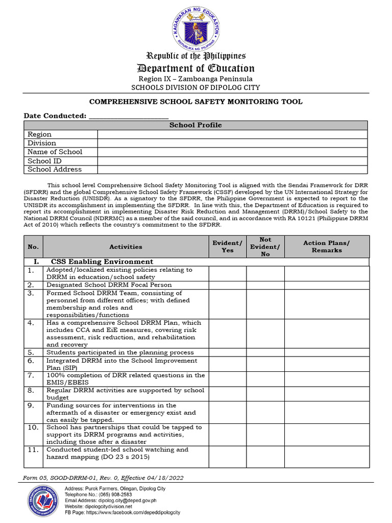Form 05 CSS Checklist (Controlled) | PDF | Disaster Risk Reduction ...