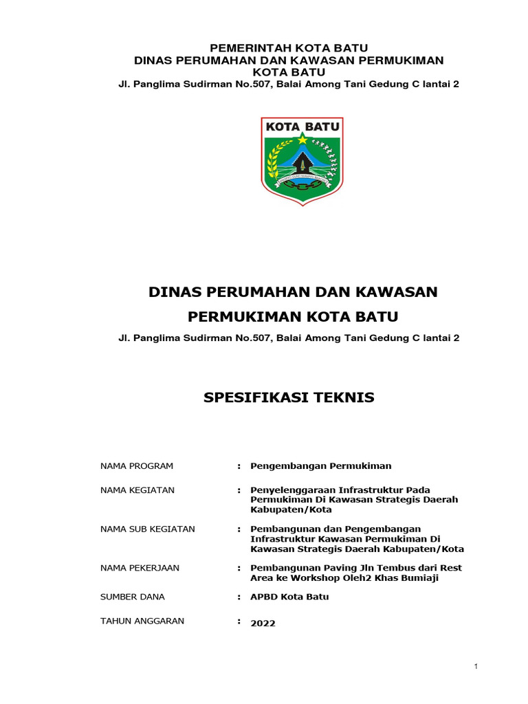 Spek Tek Pemb Paving JLN Tembus Dari Rest Area Ke Workshop Oleh2 Khas Bumiaji FIX | PDF