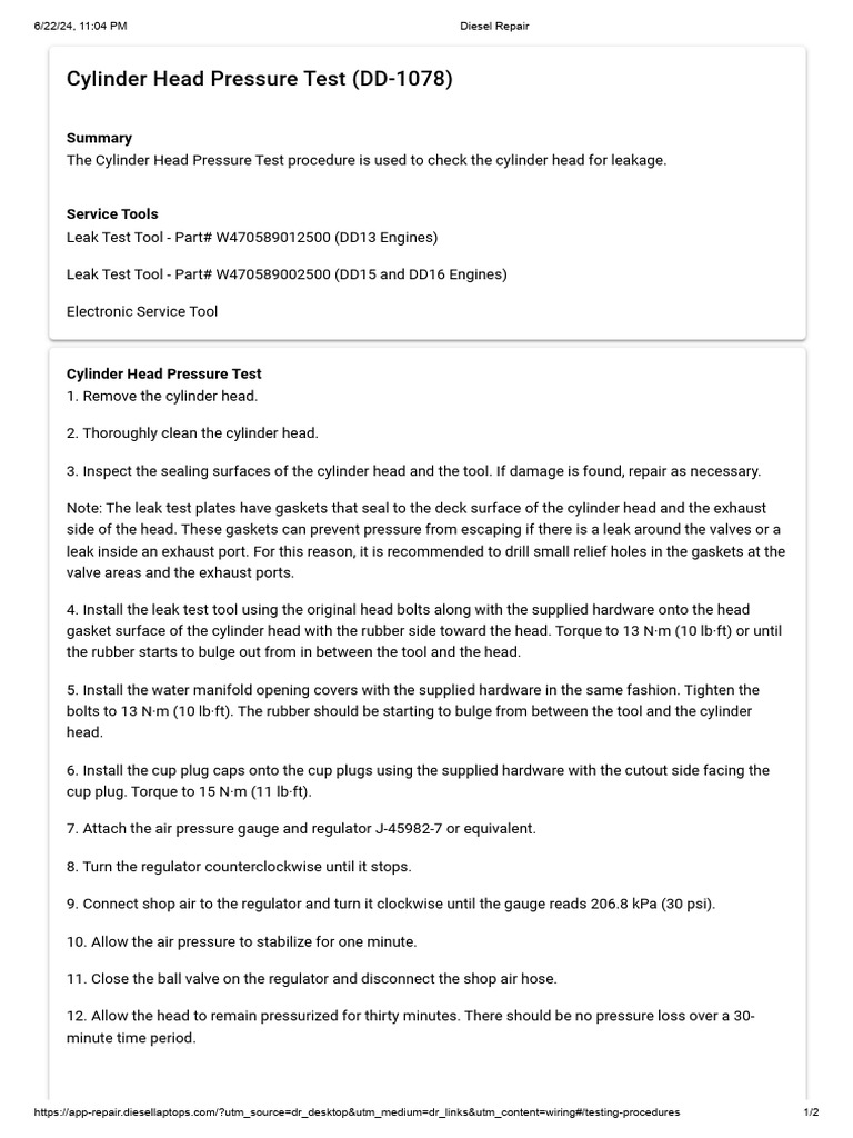dd15 Cylinder Head Leak Test | PDF | Leak | Valve