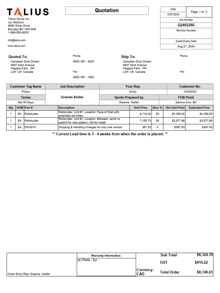 Talius - AG77 - Shutter - 10 X 10 | PDF