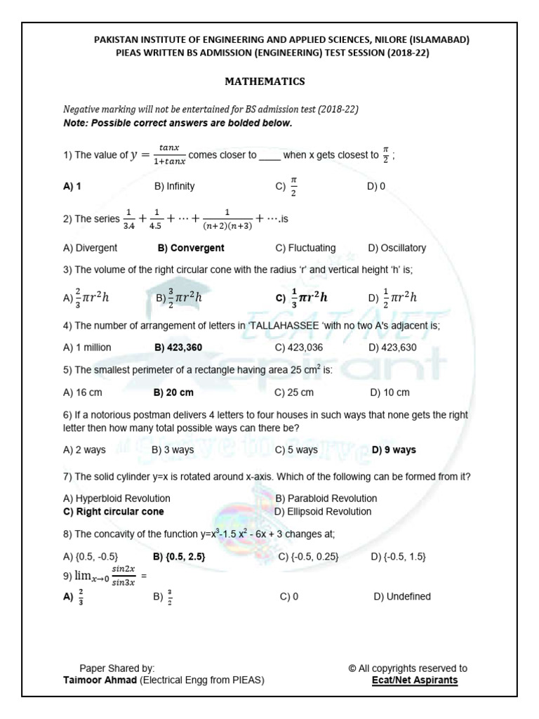 Mathematics Portion (PIEAS-2018) | PDF | Function (Mathematics) | Algebra