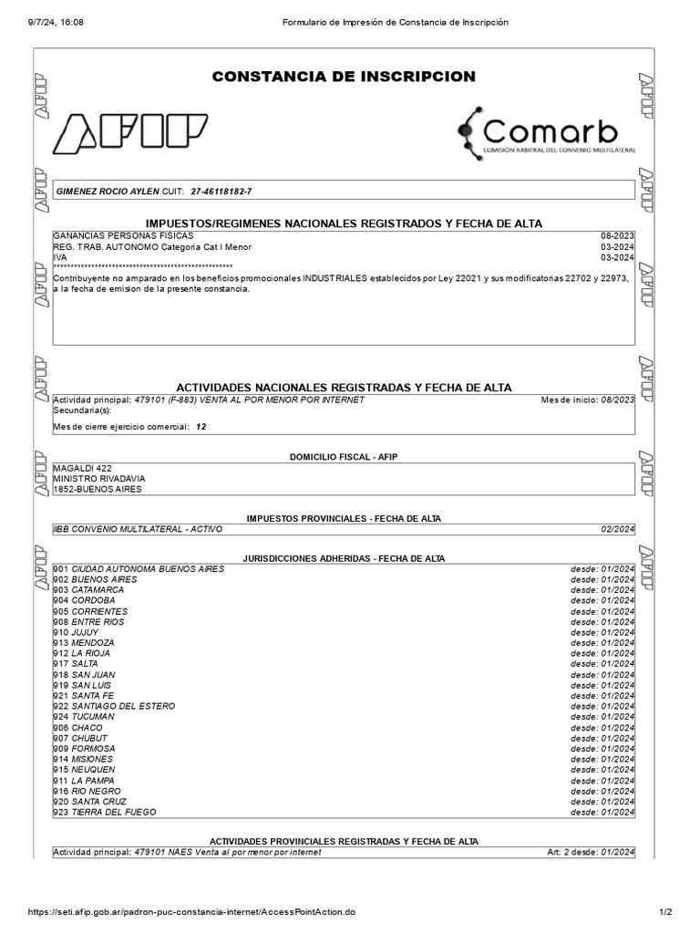 Constancia de Inscripción AFIP 2023 | PDF | Argentina
