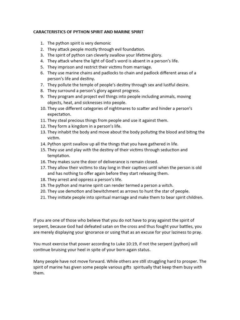 Caracteristics of Python Spirit and Marine Spirit | PDF | Deliverance ...