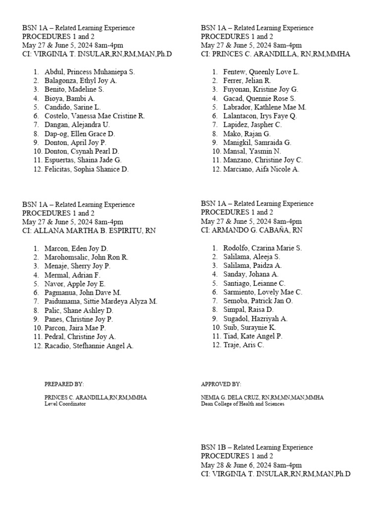 BSN 1 Return Demo Sched | PDF