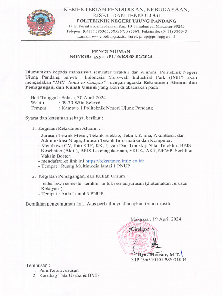 Pengumuman IMIP Road to Campus 2024 | PDF