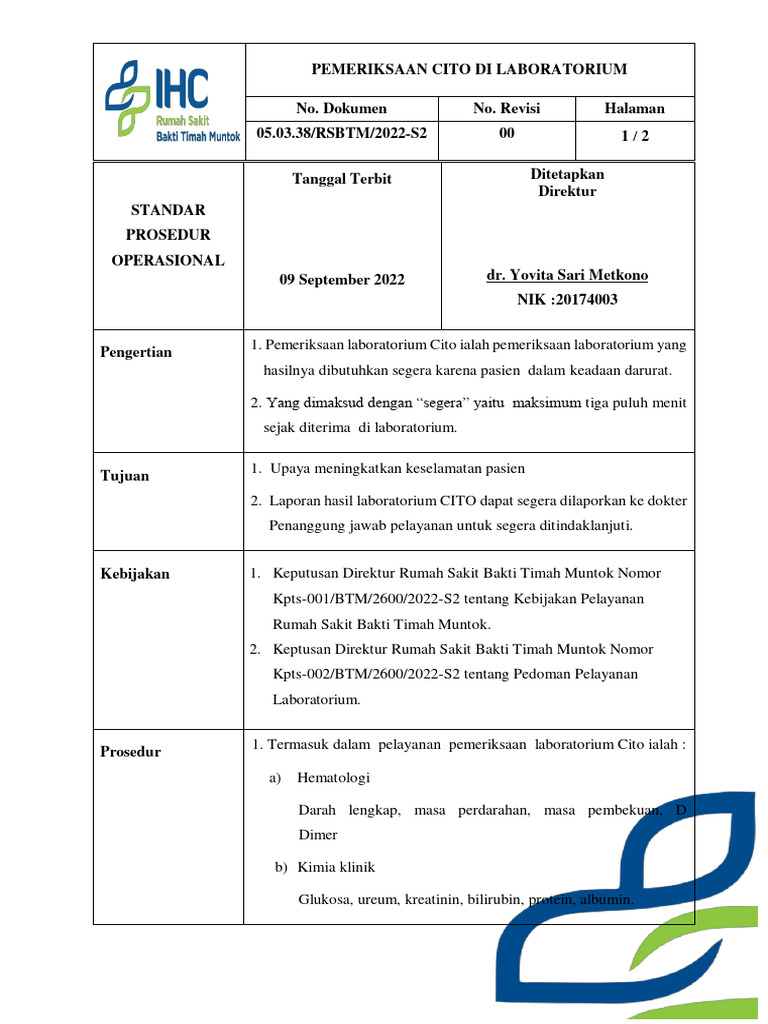 SPO Pemeriksaan CITO Di Laboratorium | PDF | Griya & Taman | Sains ...