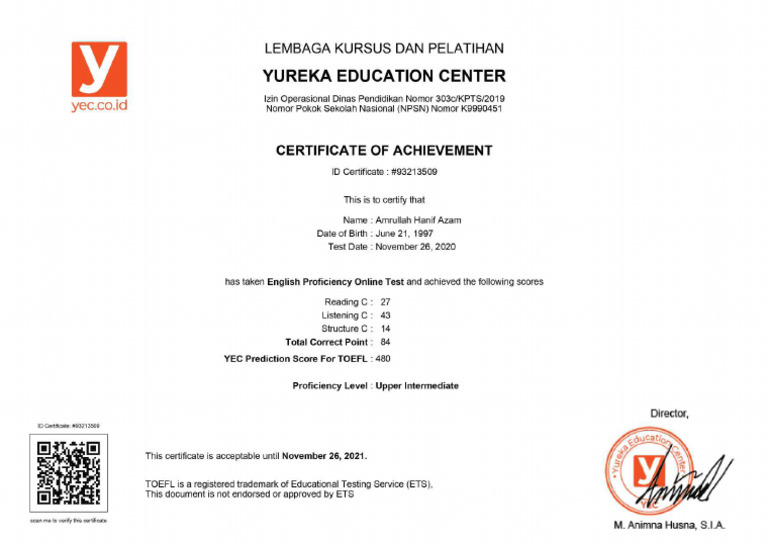 Toefl Certificate - Page 0001 | PDF