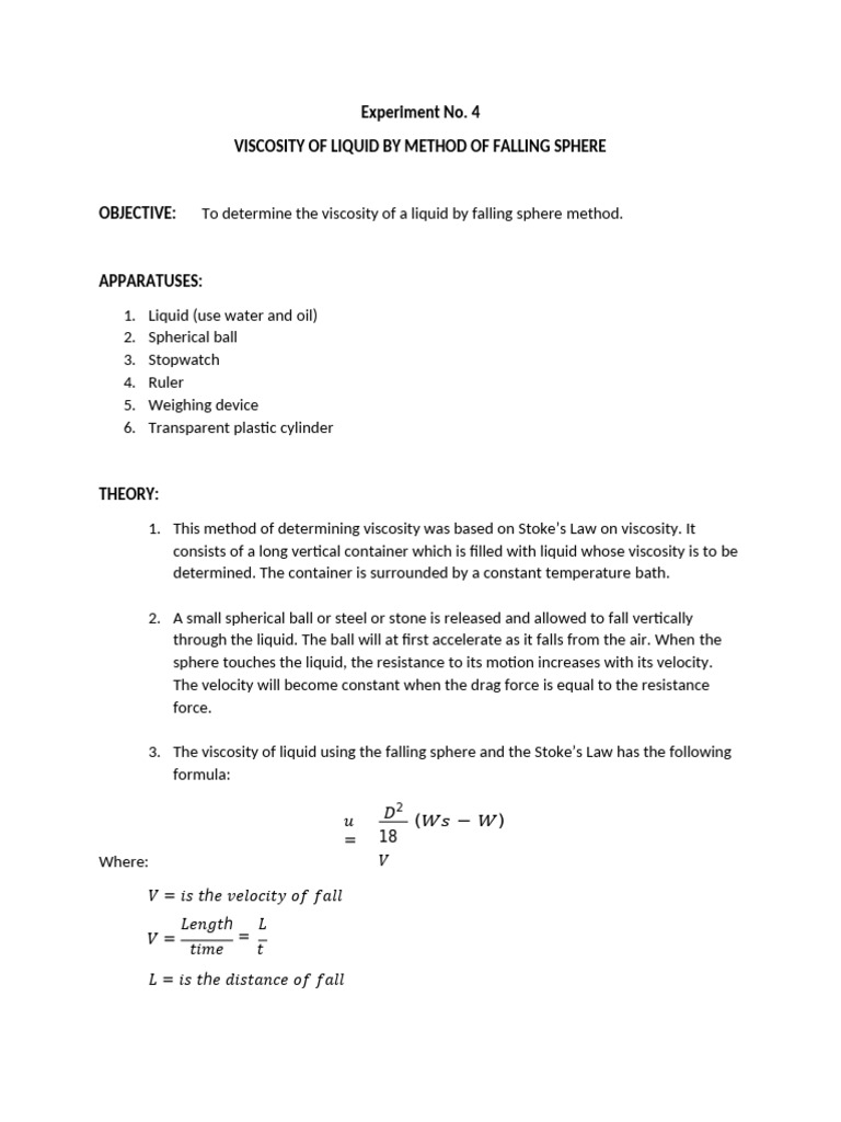 Experiment-No.-4-VISCOSITY-OF-LIQUID-BY-METHOD-OF-FALLING-SPHERE ... Experiment-No.-4-VISCOSITY-OF-LIQUID-BY-METHOD-OF-FALLING-SPHERE ...