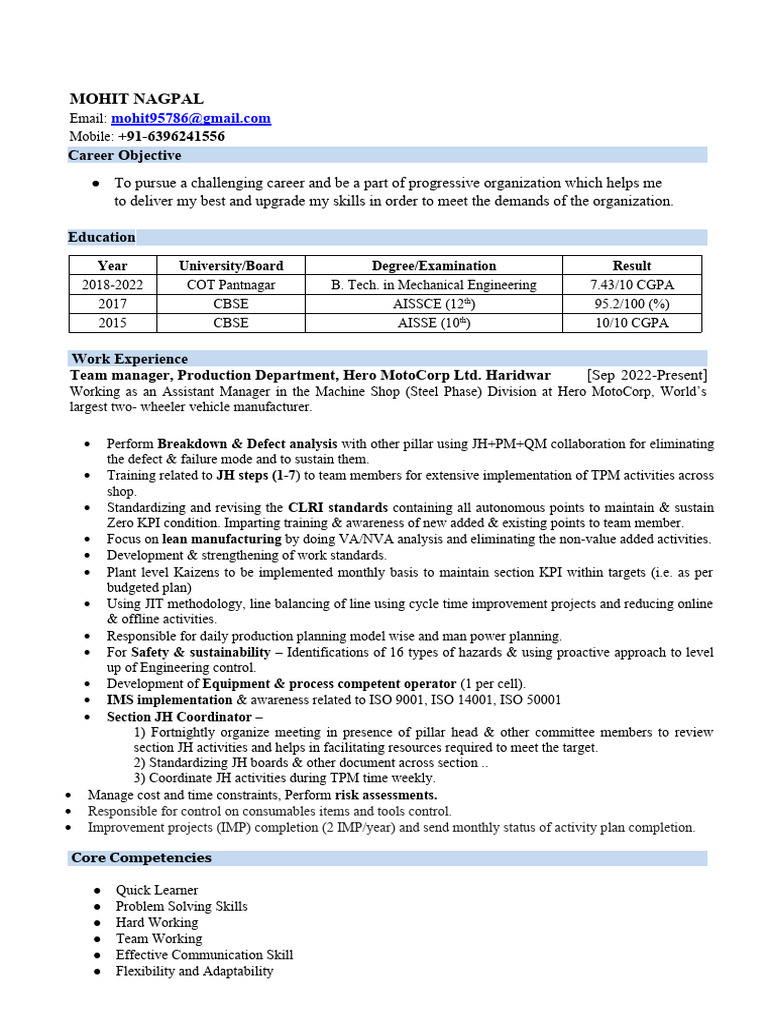 Resume - Mohit Nagpal | PDF | Lean Manufacturing | Engineering