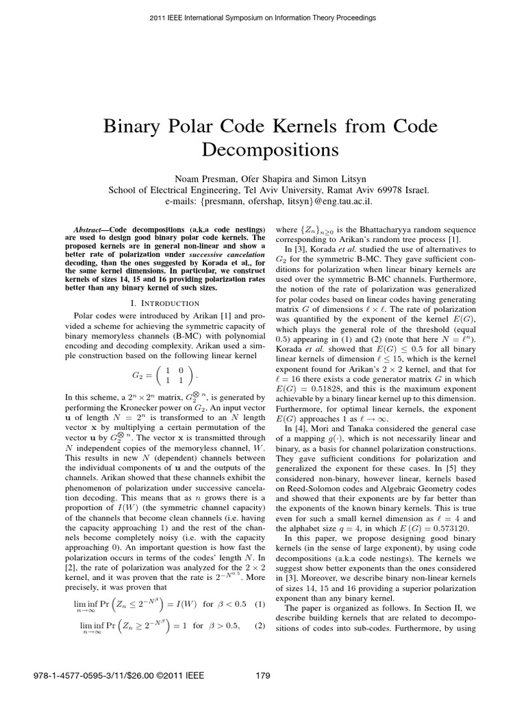 Paper - 2011 - Binary Polar Code Kernels From Code Decompositions - Noam Presman | PDF | Matrix ...