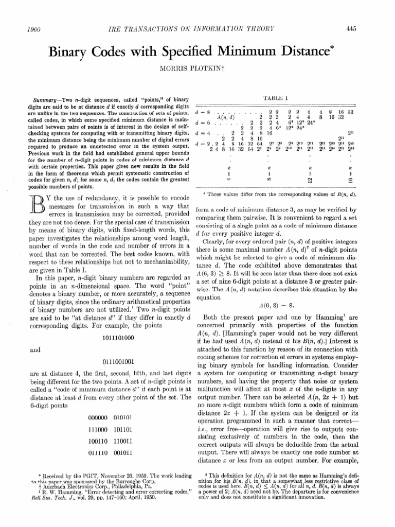 Paper - 1960 - Binary Codes With Specified Minimum Distance - MORRIS PLOTKIN | PDF | Code | Numbers