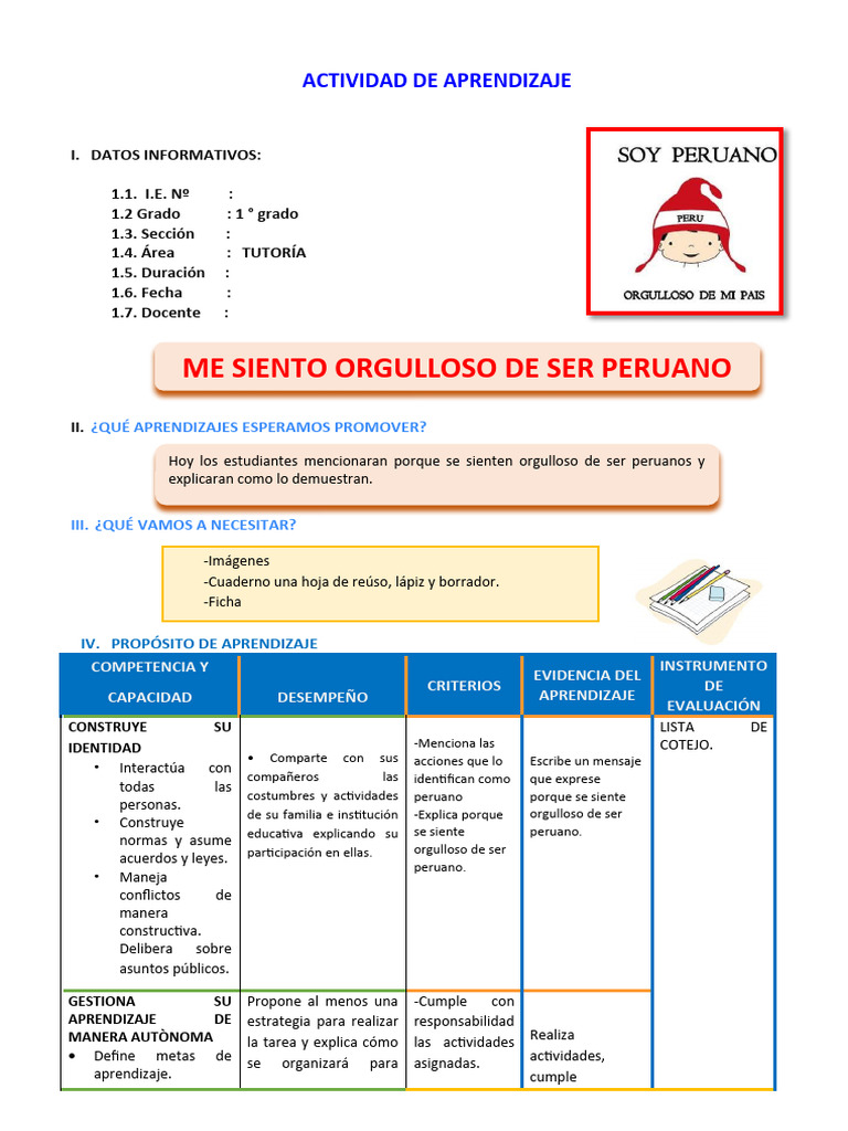 D5 A2 Sesion Tut. Me Siento Orgulloso de Ser Peruano | PDF | Evaluación | Perú